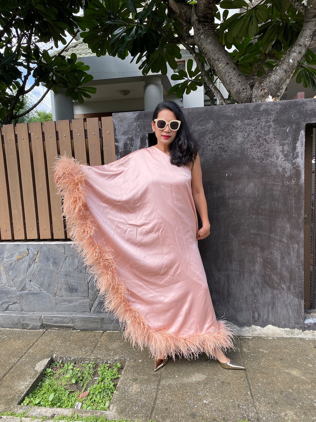 Monique Nude Color One Shoulder Maxi Dress, Kaftan Dress,wedding Guest ...
