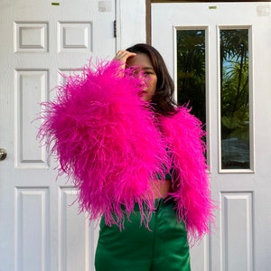 Hot Pink Feather Cropped Jacket for Bride Plus Size Wedding Dress for ...