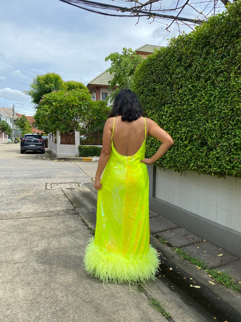 Elma Neon Green Feathers Maxi Dressplus Size Dressunique - Etsy