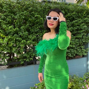 Amena Emerald Green Velvet off the Shoulder Midi Dress,christmas Outfit ...