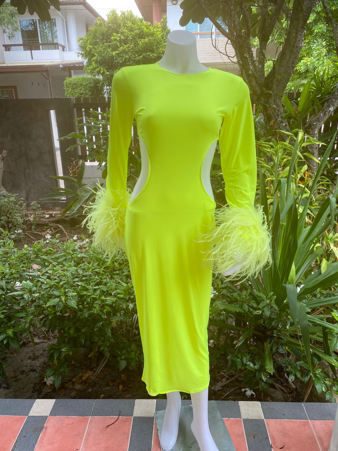 Jess Neon Green Feathers Maxi Dress,bodycon Dress for Women - Etsy