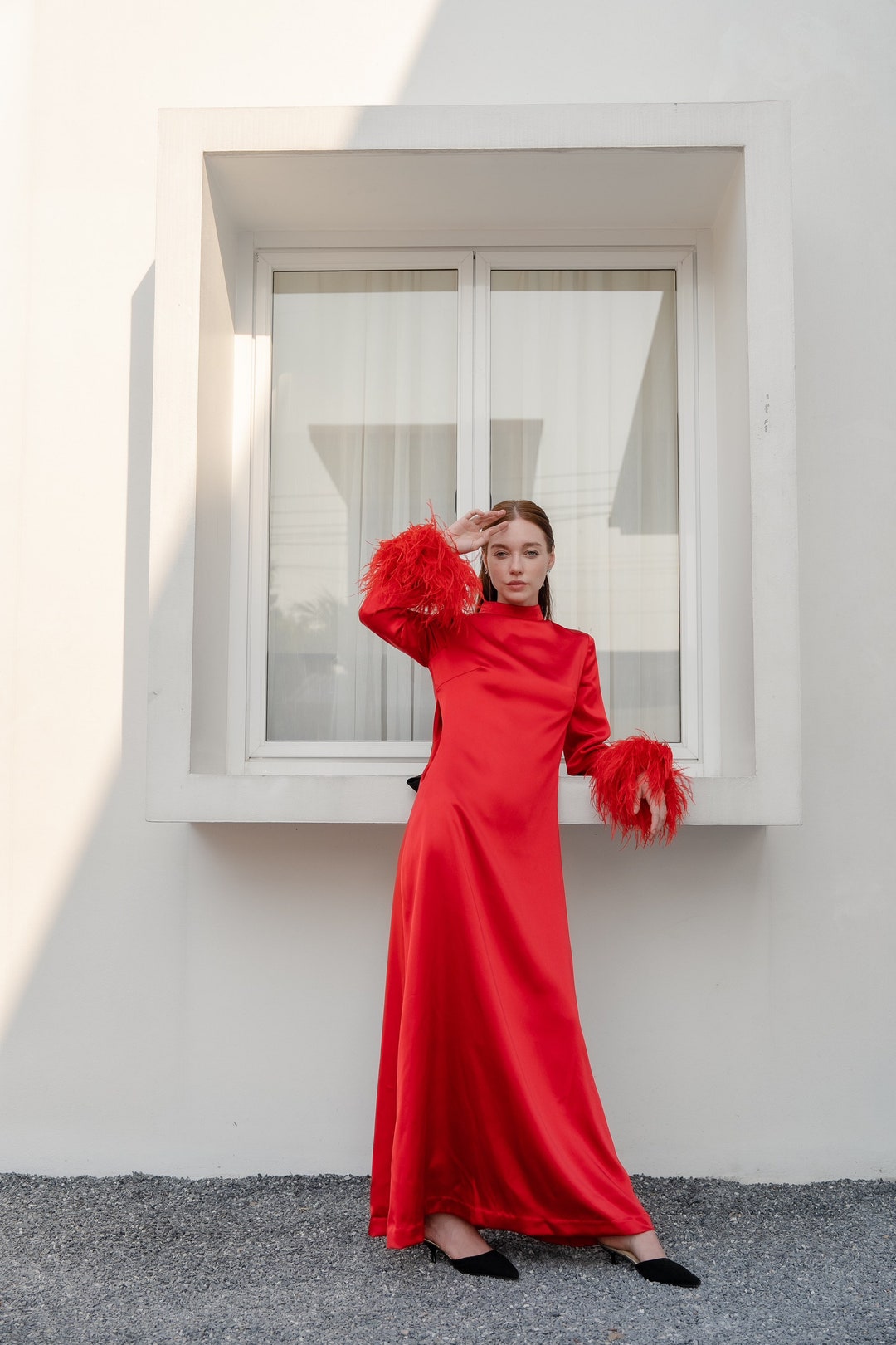 Red Feathers Silk Satin Maxi Dress Long Sleevesunique Wedding - Etsy