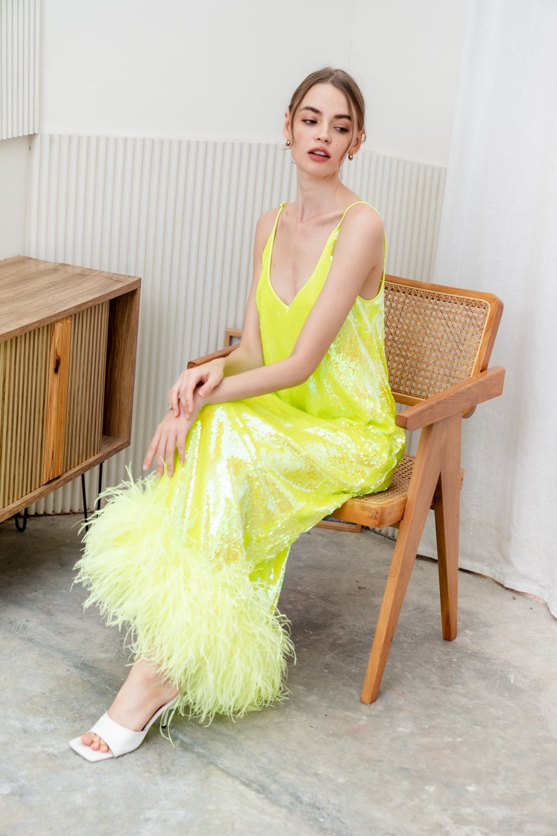 Elma Neon Green Feathers Maxi Dressplus Size Dressunique - Etsy