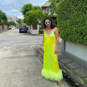 Elma Neon Green Feathers Maxi Dress,plus Size Dress,unique Wedding ...