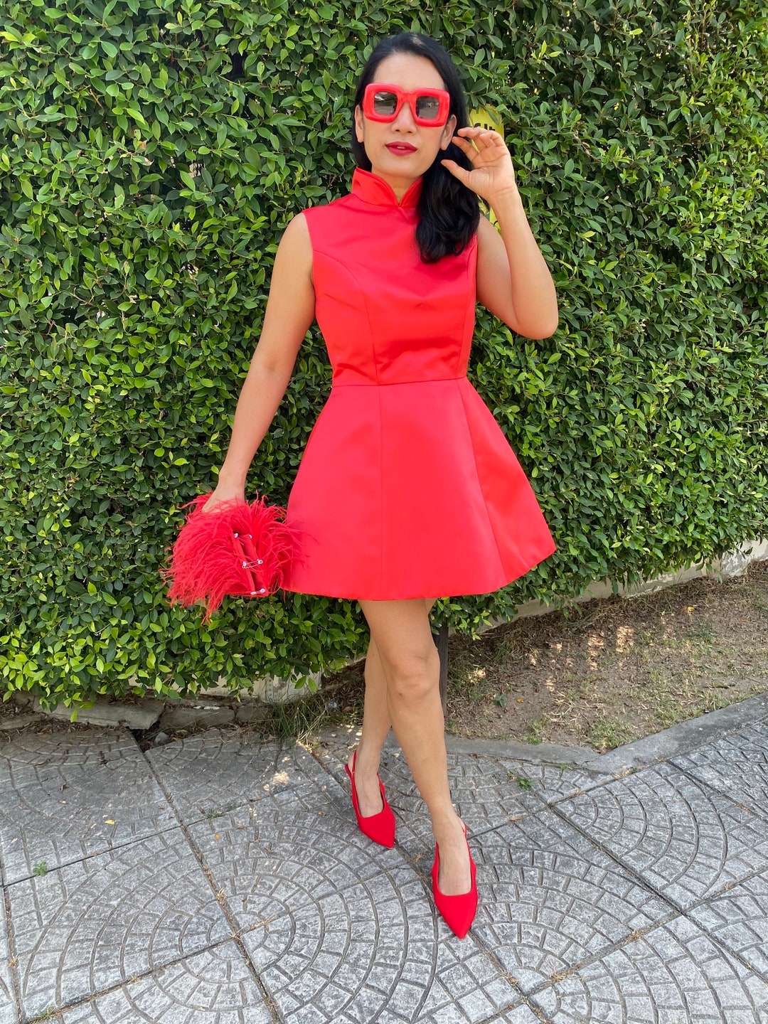 Red Qipao a Line Mini Dress Modern,qipao Dress Sleeveless,cheongsam ...
