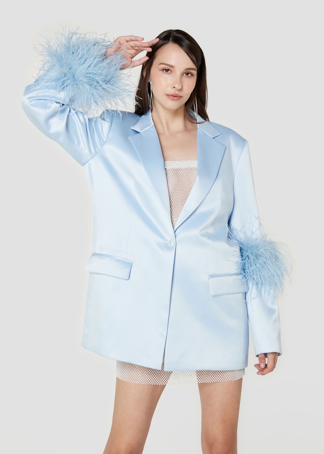 Baby Blue Feathers Oversized Suit, Jacket for Cocktail Party,coat Dress ...