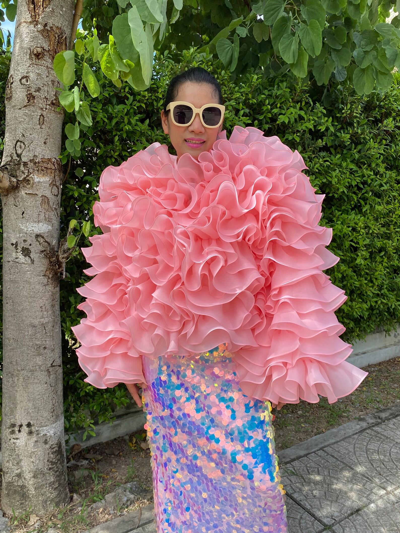 Custom Coral Pink Cropped Ruffles Jacket for Women, Coat Dress for ...
