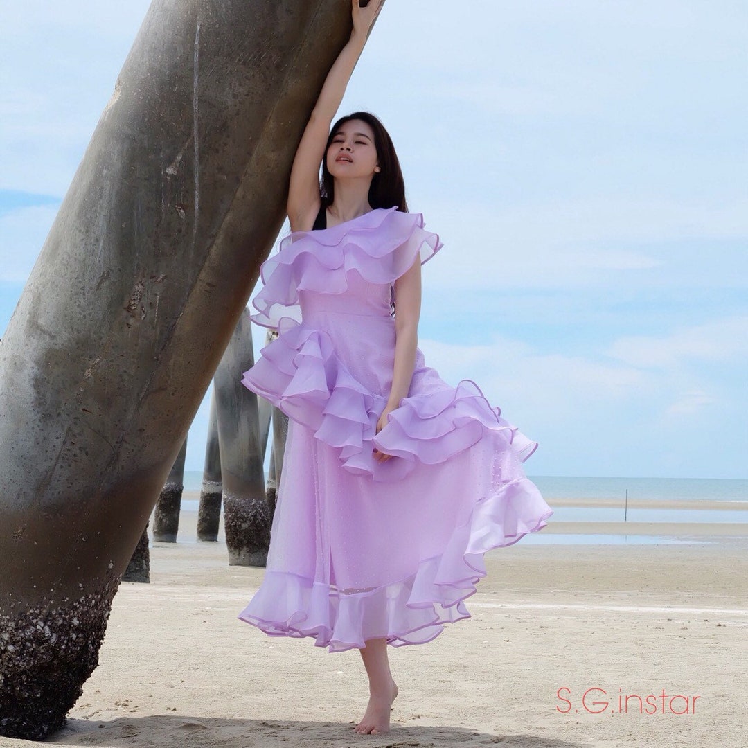 Lavender Organza Ruffle Midi Dress for Wedding Dress,lolitafashion ...