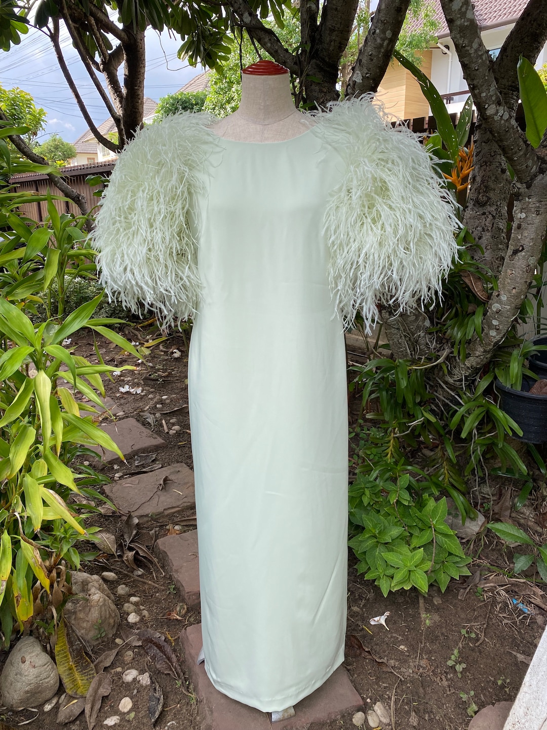 Sage Green Feathers Puff Sleeves Maxi Dress for Women,cocktail Dress ...