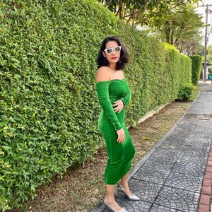Amena Emerald Green Velvet off the Shoulder Midi Dress,christmas Outfit ...