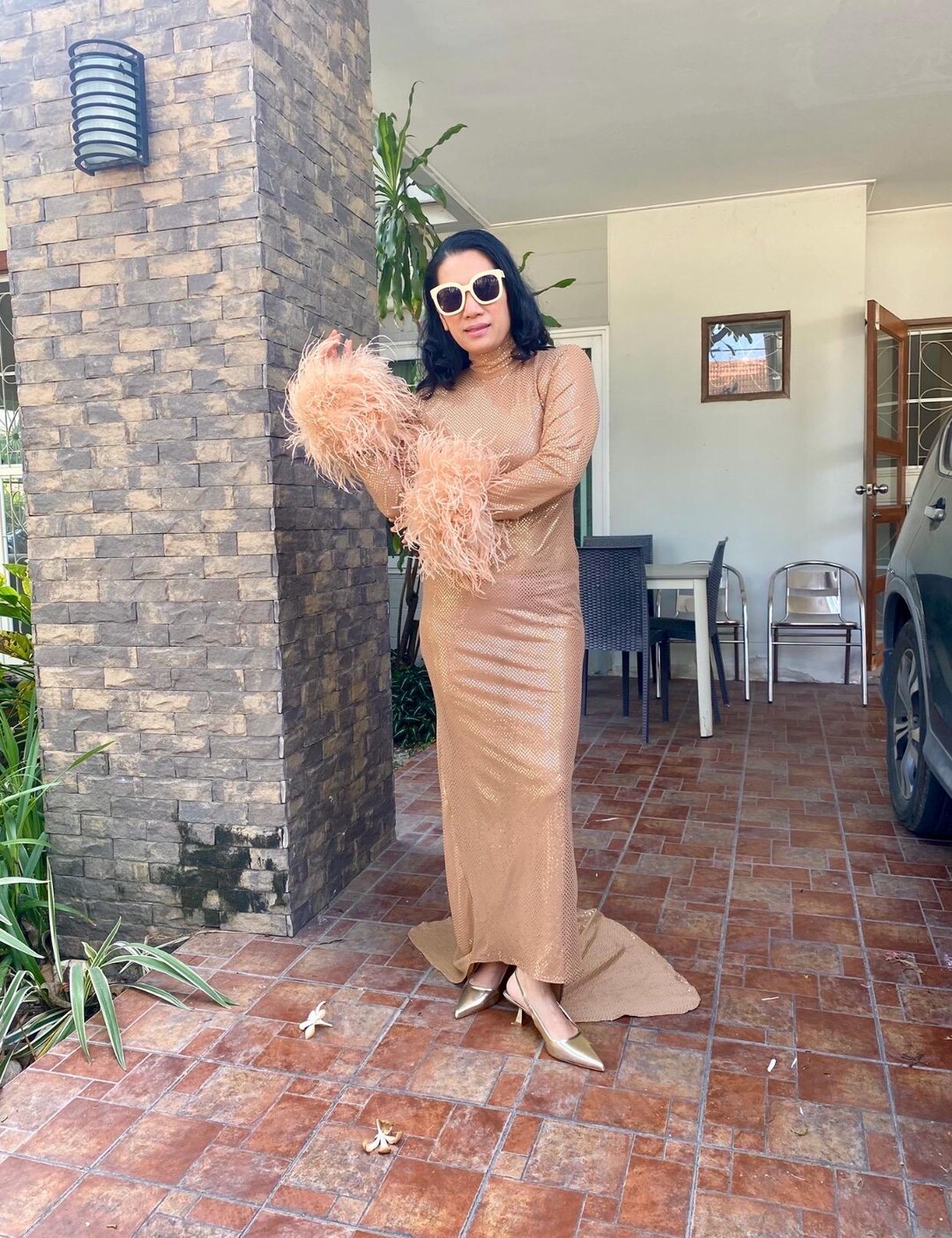 Custom Coffe Feathers Maxi Long Tail Dress,plus Size Long Dress Long ...