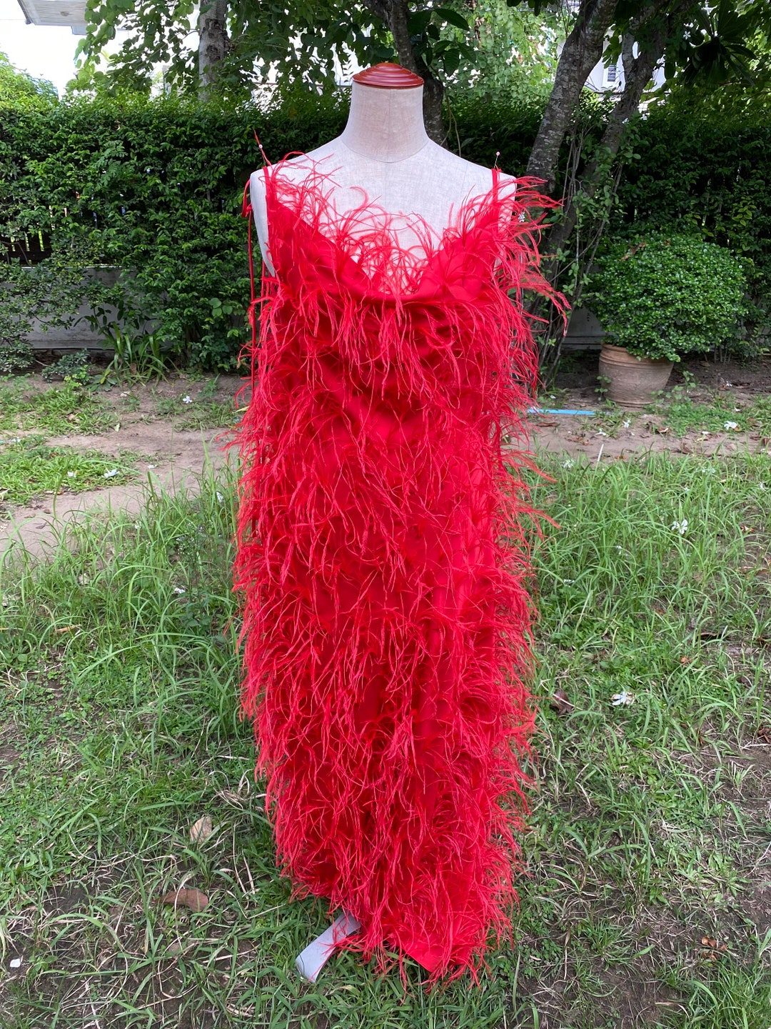 Red Feathers Cowl Neck Maxi Dress for Women,silk Slip Dressmaxi,summer ...