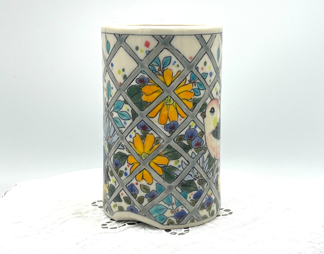 Two Bird Cup, Vase, Handmade Hand Painted, Mishima Pottery, Fine Art ...