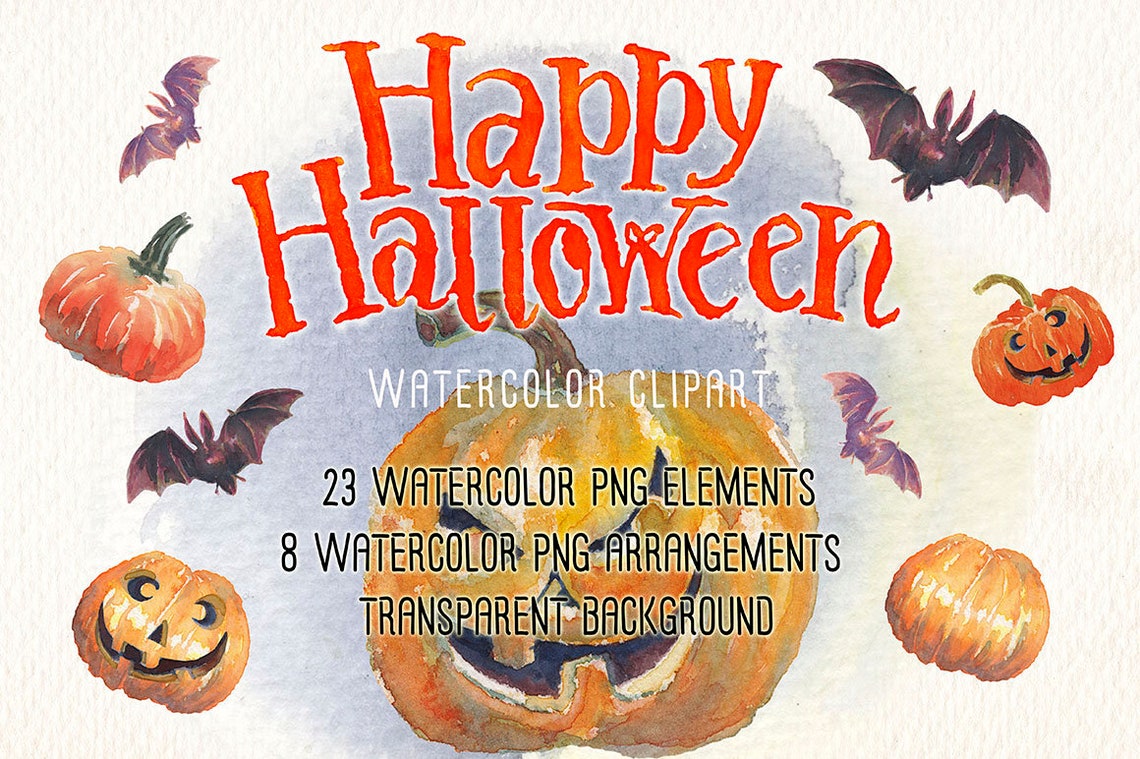 Happy Halloween watercolor clip art. invitations cards posters albums ...