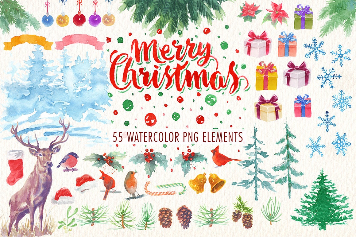 Watercolor Christmas PNG Clipart. Watercolor Clip Art. Ideal for ...
