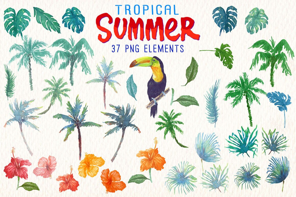 Watercolor Tropical Summer Clipart Set Ideal for Printable Products ...