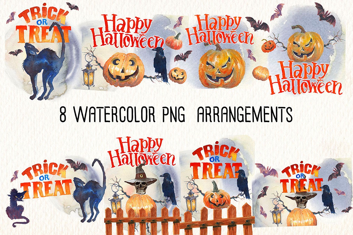 Happy Halloween watercolor clip art. invitations cards posters albums ...