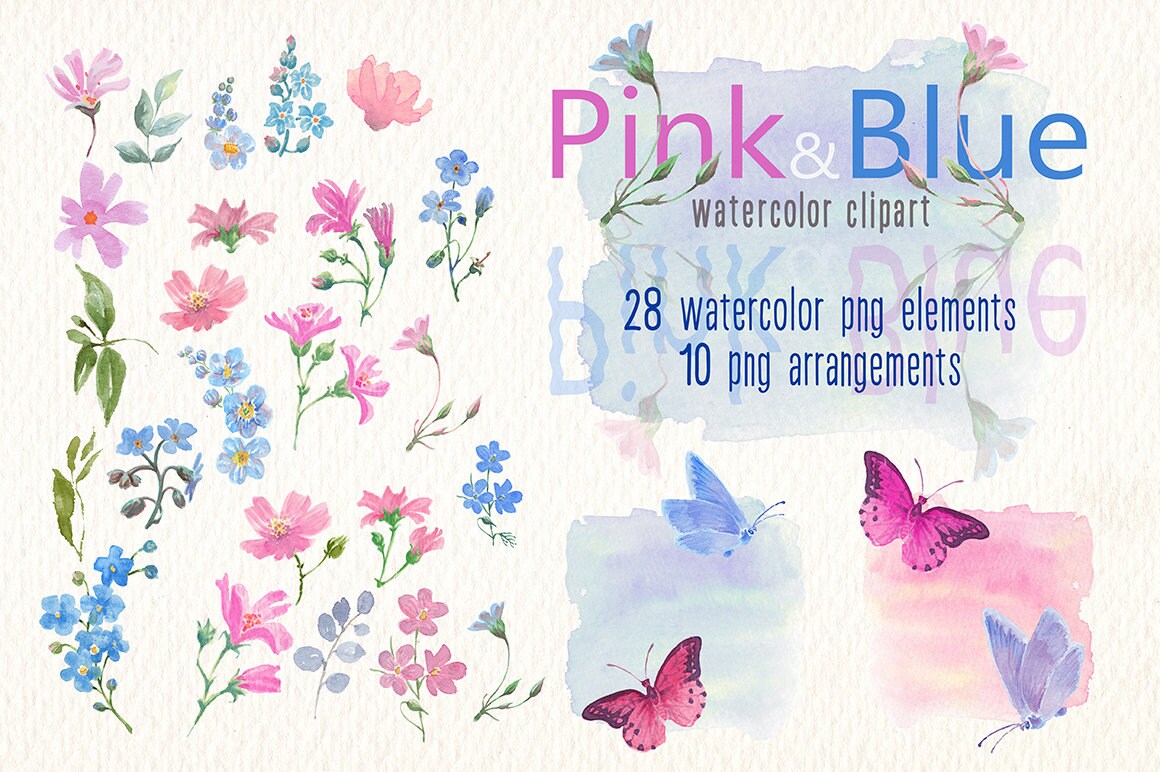Watercolor Pink and Blue Flowers Clipart. Wreaths - Etsy