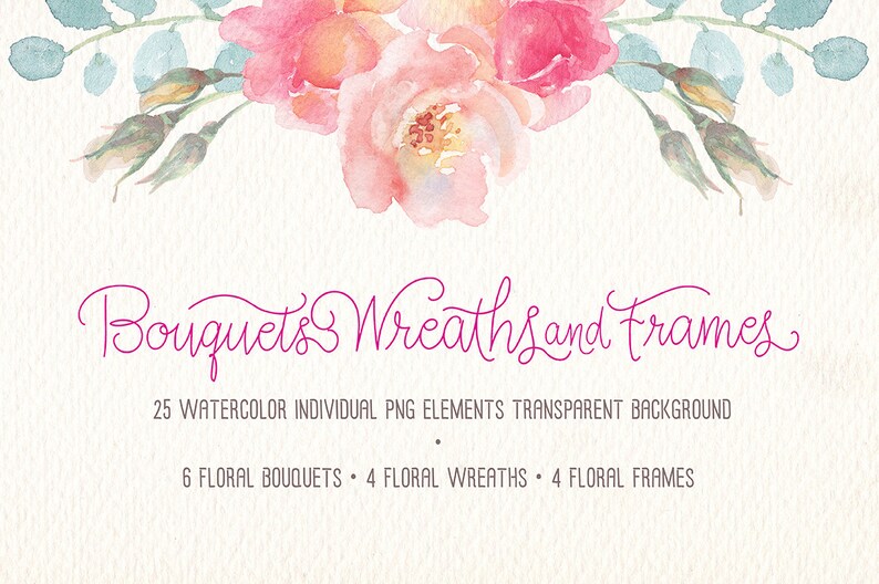 Watercolor Bouquets, Wreaths, and Frames. PNG Clipart Set. Ideal for ...