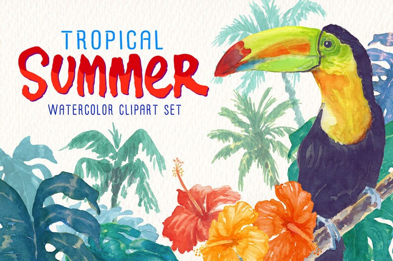 Watercolor Tropical Summer Clipart Set Ideal for Printable | Etsy