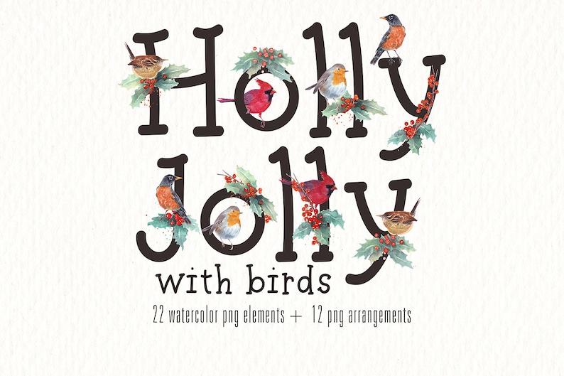Holly Jolly With Birds Watercolor Clipart - Etsy