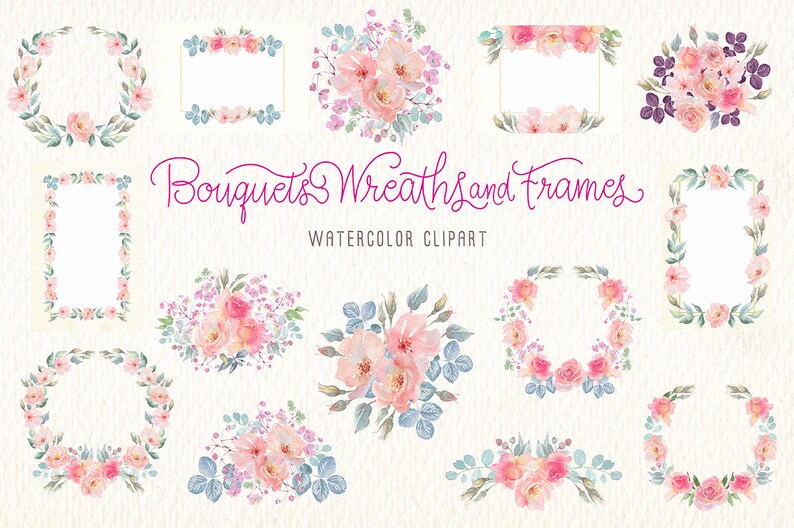 Watercolor Bouquets, Wreaths, and Frames. PNG Clipart Set. Ideal for ...