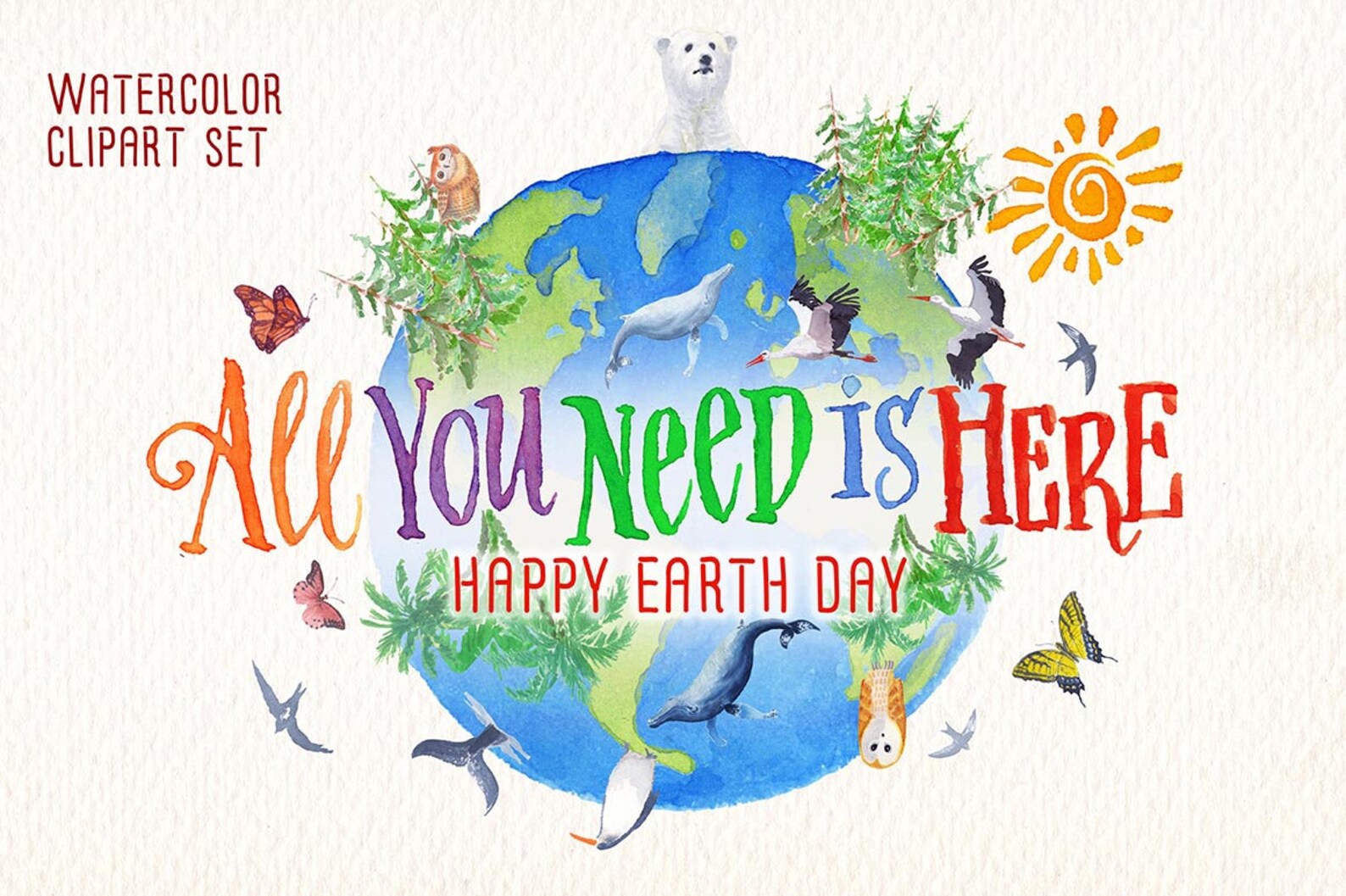 Watercolor Happy Earth Day Clip Art Set. Predesigned Images Ideal for ...