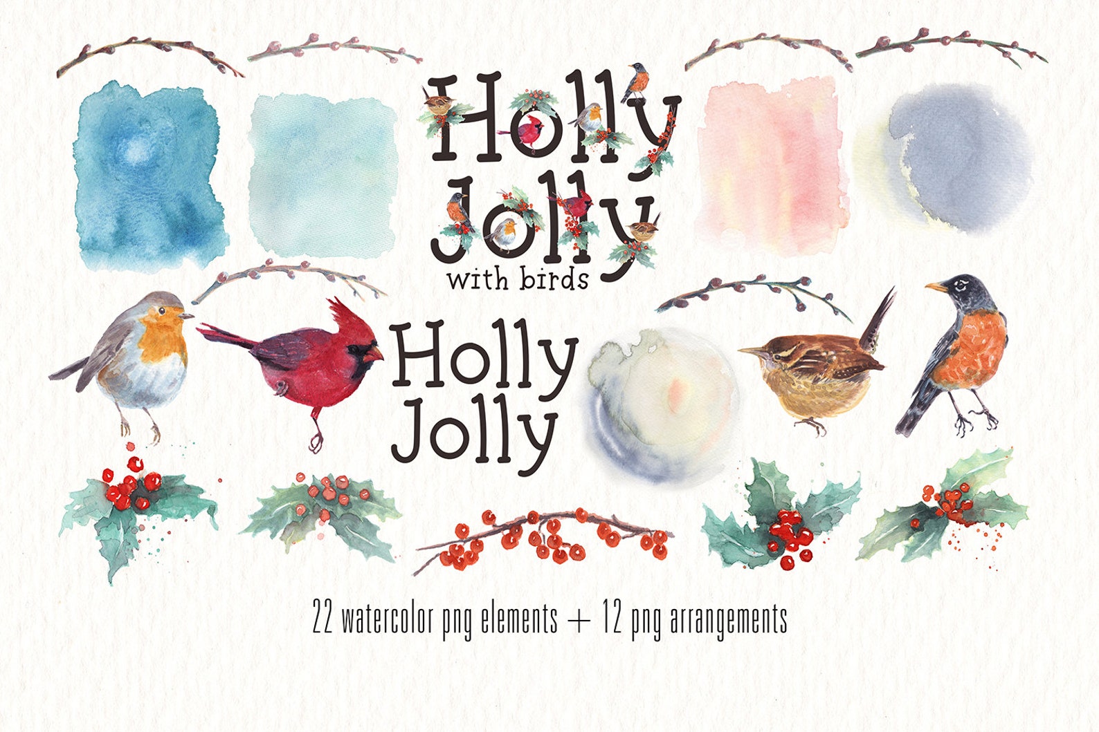 Holly Jolly With Birds Watercolor Clipart - Etsy