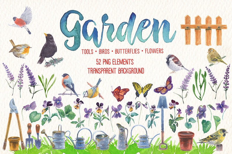 Watercolor the Garden Png Clipart Set. Watercolor Clipart, Ideal for ...