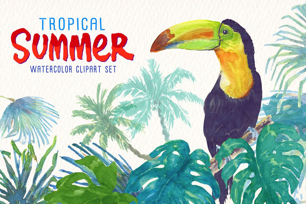 Watercolor Tropical Summer Clipart Set. Ideal for Printable Products ...