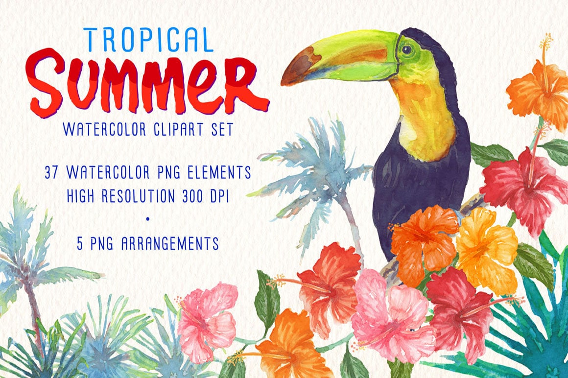 Watercolor Tropical Summer Clipart Set Ideal for Printable | Etsy