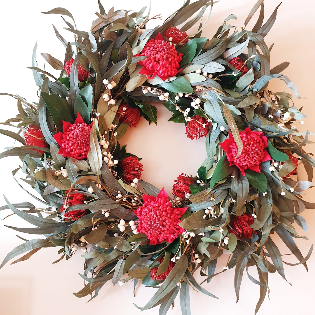 Grand 75cm Red Australian Bush Native Wreath Waratah, Pincushions ...