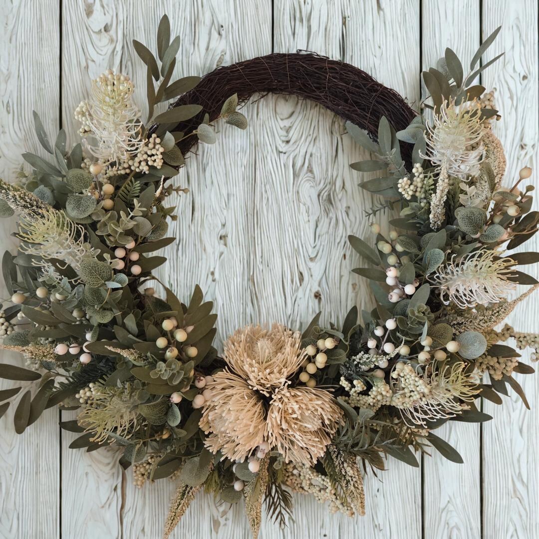 Beautiful 70cm White Australian Native Wreath Proteas, Grevillea ...