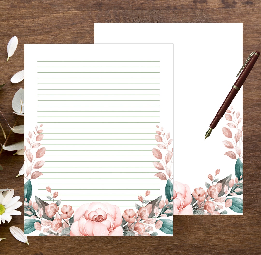 Blush Roses Lined Paper Letter Size Printable Design Roses Leaves ...