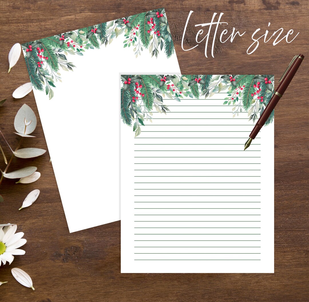 Christmas Lined Paper Printable Design Greenery and Cherry Writing ...