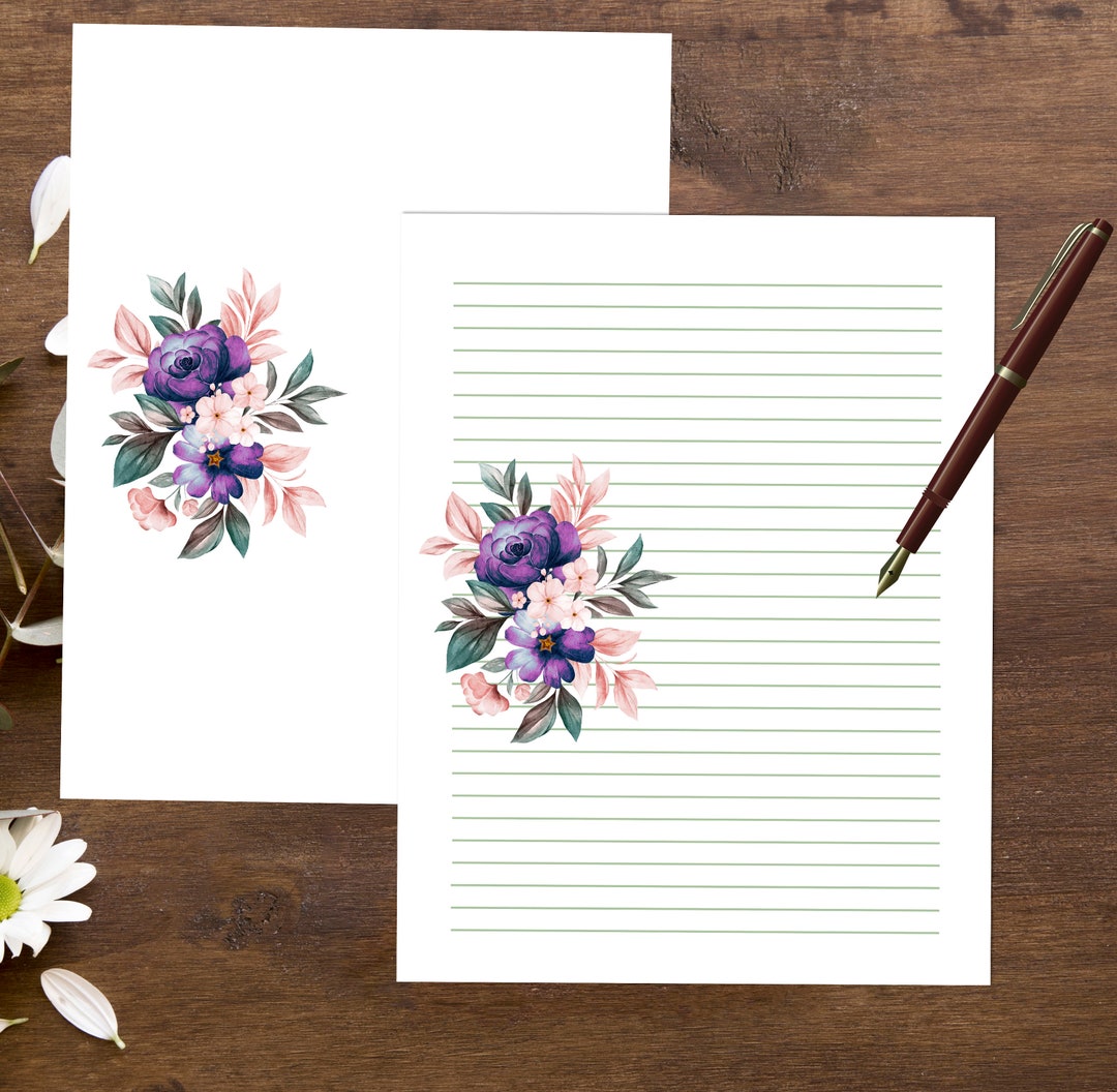 Lined Paper Letter Size Printable Design Floral Writing Paper Purple ...