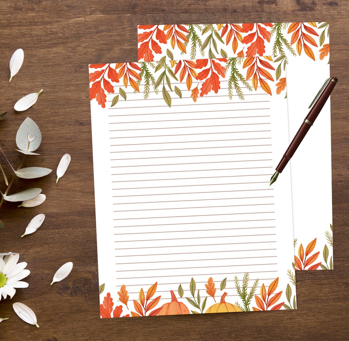Lined Paper Printable Design Fall Leaves Writing Paper Downloadable ...