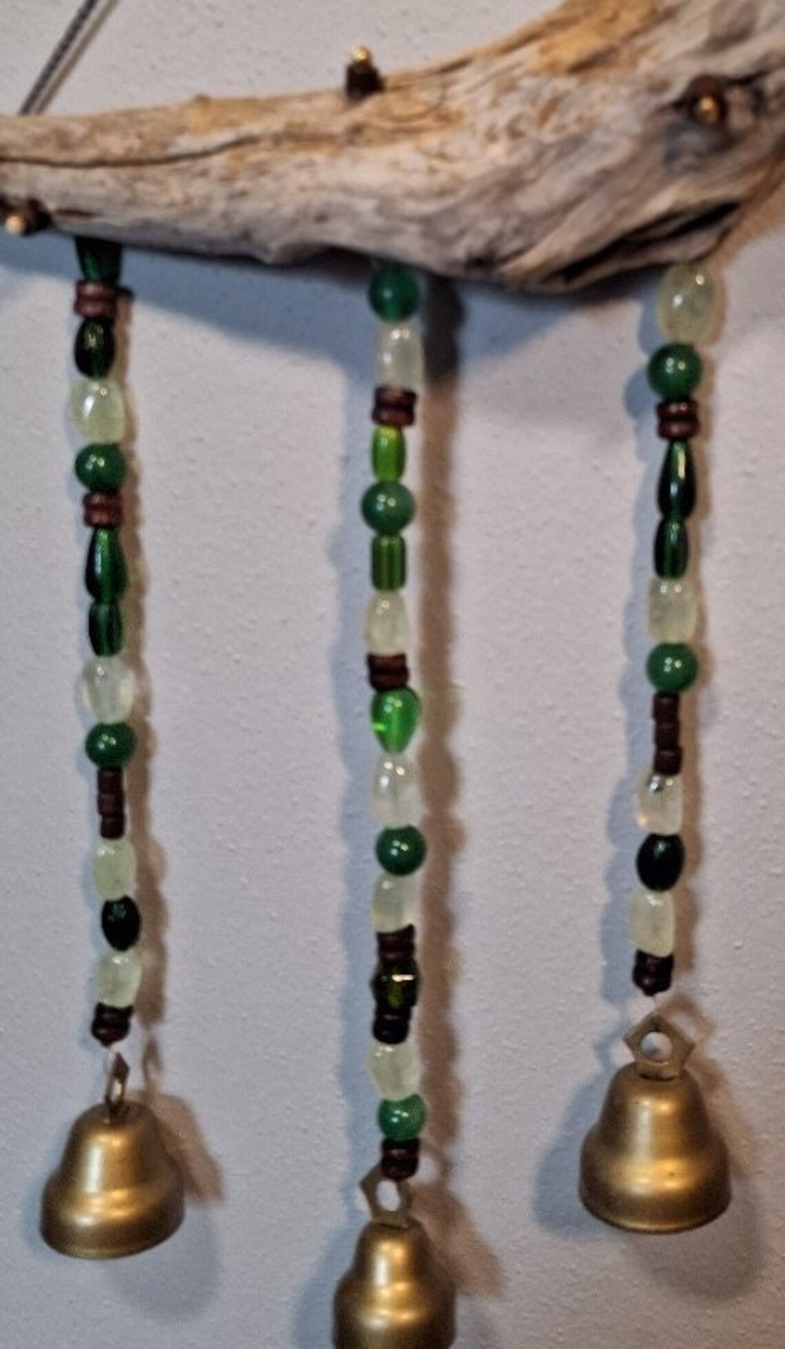 Greens Galore - Wind Chime- New Jade, Green Glass, Driftwood, Bells. A ...