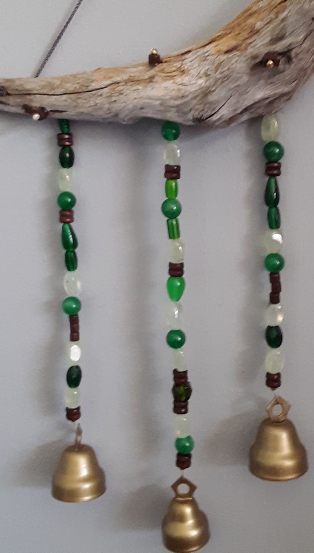 Greens Galore - Wind Chime- New Jade, Green Glass, Driftwood, Bells. A ...