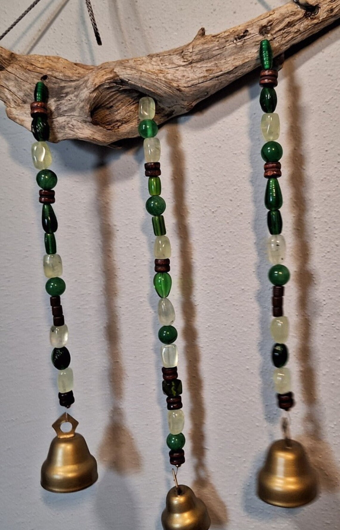 Greens Galore - Wind Chime- New Jade, Green Glass, Driftwood, Bells. A ...