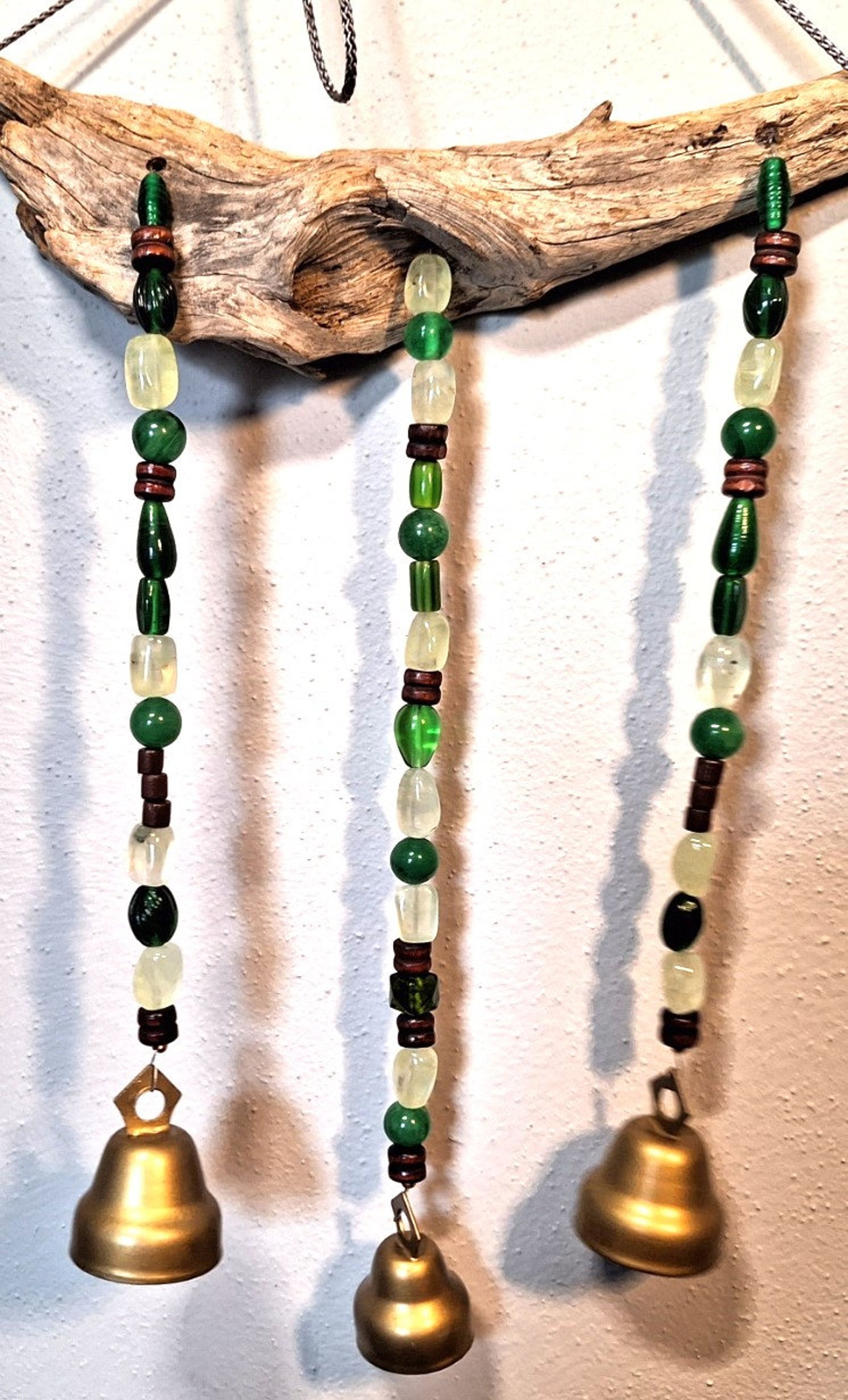 Greens Galore - Wind Chime- New Jade, Green Glass, Driftwood, Bells. A ...