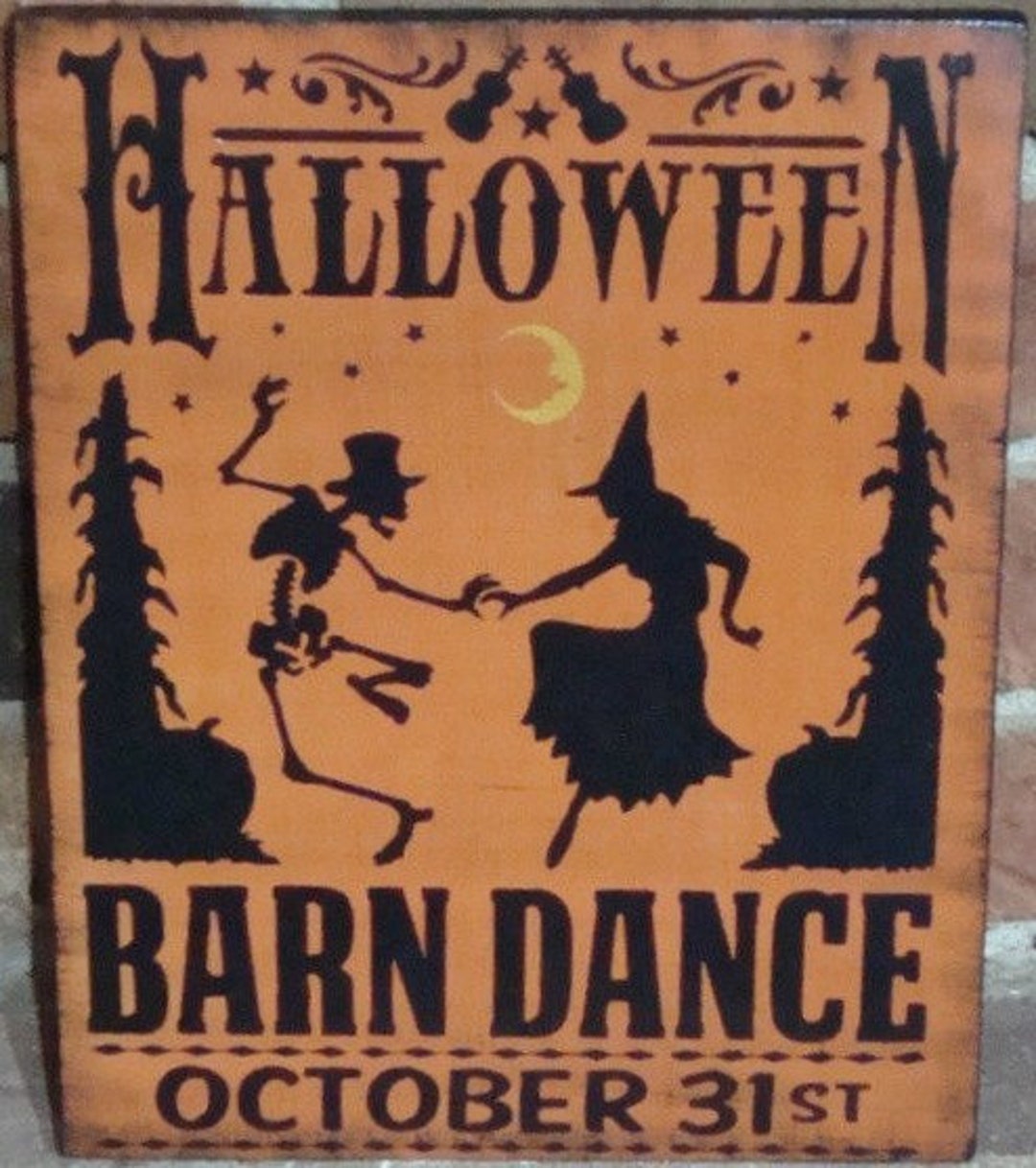 Primitive Witch Sign Halloween Barn Dance Skeletons Moon Witches Cats ...
