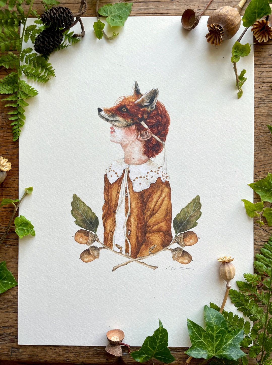 Girl in Fox Mask With Acorns A4 Watercolour Art Print | Curious ...