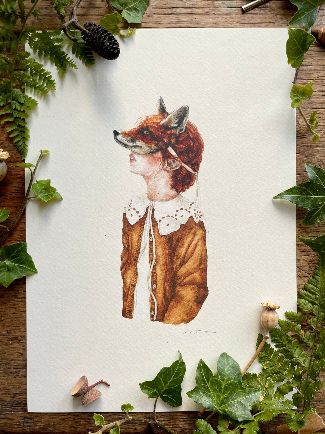 Girl in Fox Mask A4 Watercolour Art Print | Curious Woodland Art - Etsy