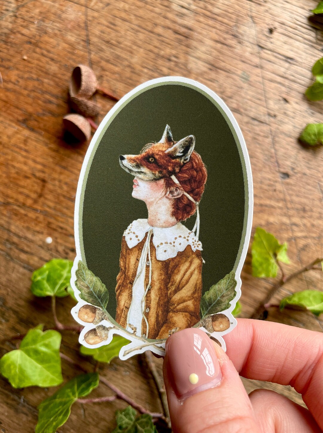 Girl in Fox Mask Oval Matt Vinyl Sticker | Nature Woodland Illustration ...