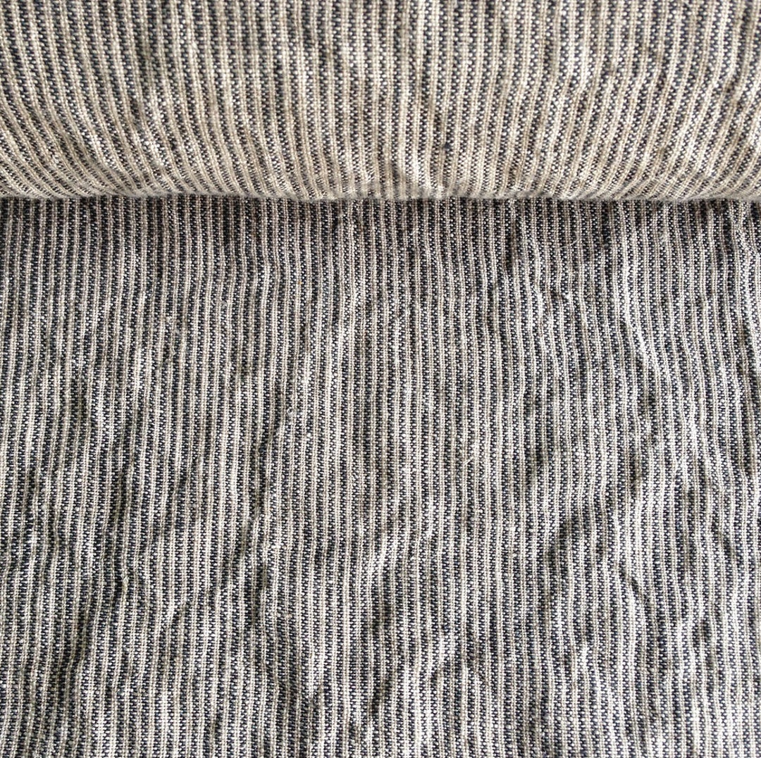 Softened Pure Linen Fabric, Natural Gray Striped Linen Fabric, Organic ...