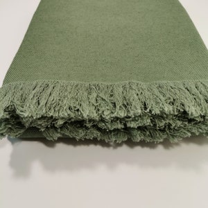 Linen Cotton Blend Blanket, Fringed Blanket, Mossy Green Linen Throw, Thick Heavy Linen Blanket ...