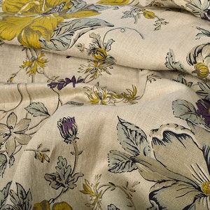 Softened Floral Pattern Linen Fabric, Medium Weight Linen With Flowers ...