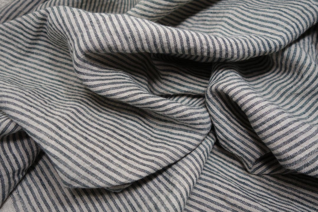 Softened Pure Linen Fabric, Natural Gray Striped Linen Fabric, Organic ...