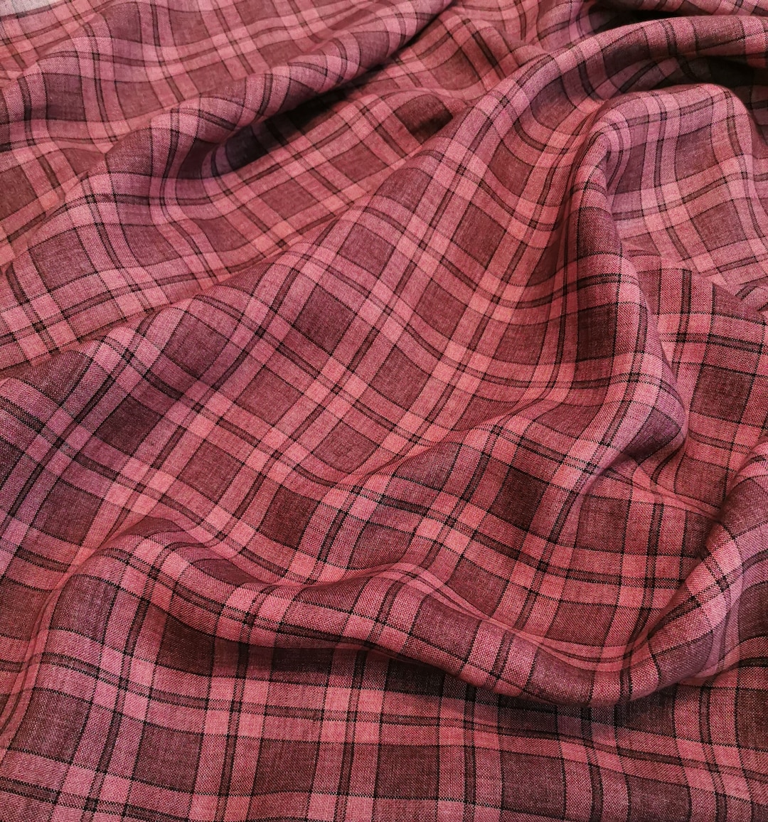 Checked Pure Linen Fabric, Plum Color Plaid Tartan Linen, 200 GSM ...